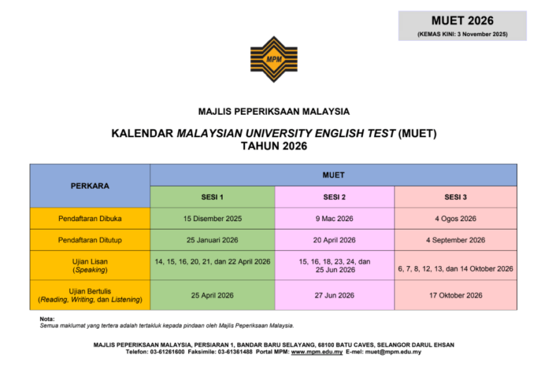 Kalendar MUET 2026 Sesi 1, 2 & 3 & MUET On Demand (MoD ...